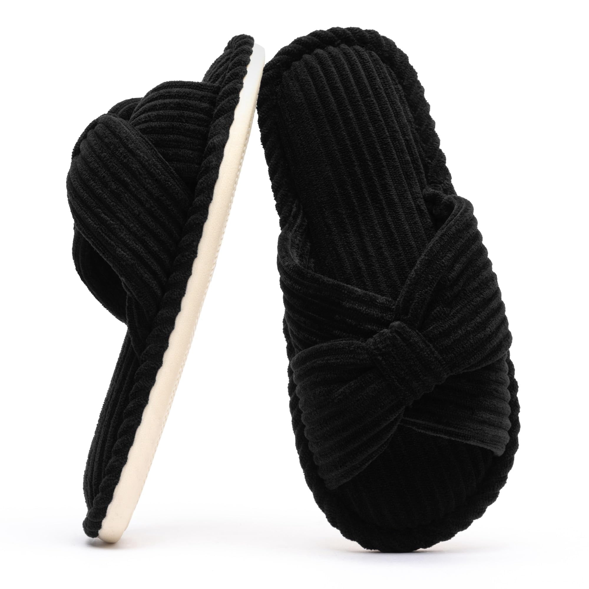 TRANSLINK Open Toe Slippers Memory Foam Comfort Corduroy Crossbands ...