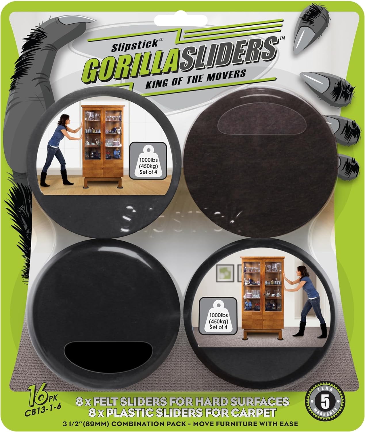 GorillaSliders 16-Piece Furniture Sliders, 3.5” Round, Reusable, Black ...