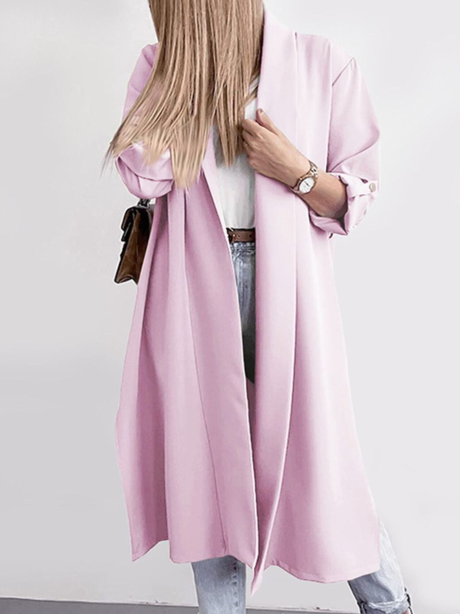Slit Open Front Roll-Tab Sleeve Trench Coat - Walmart.com