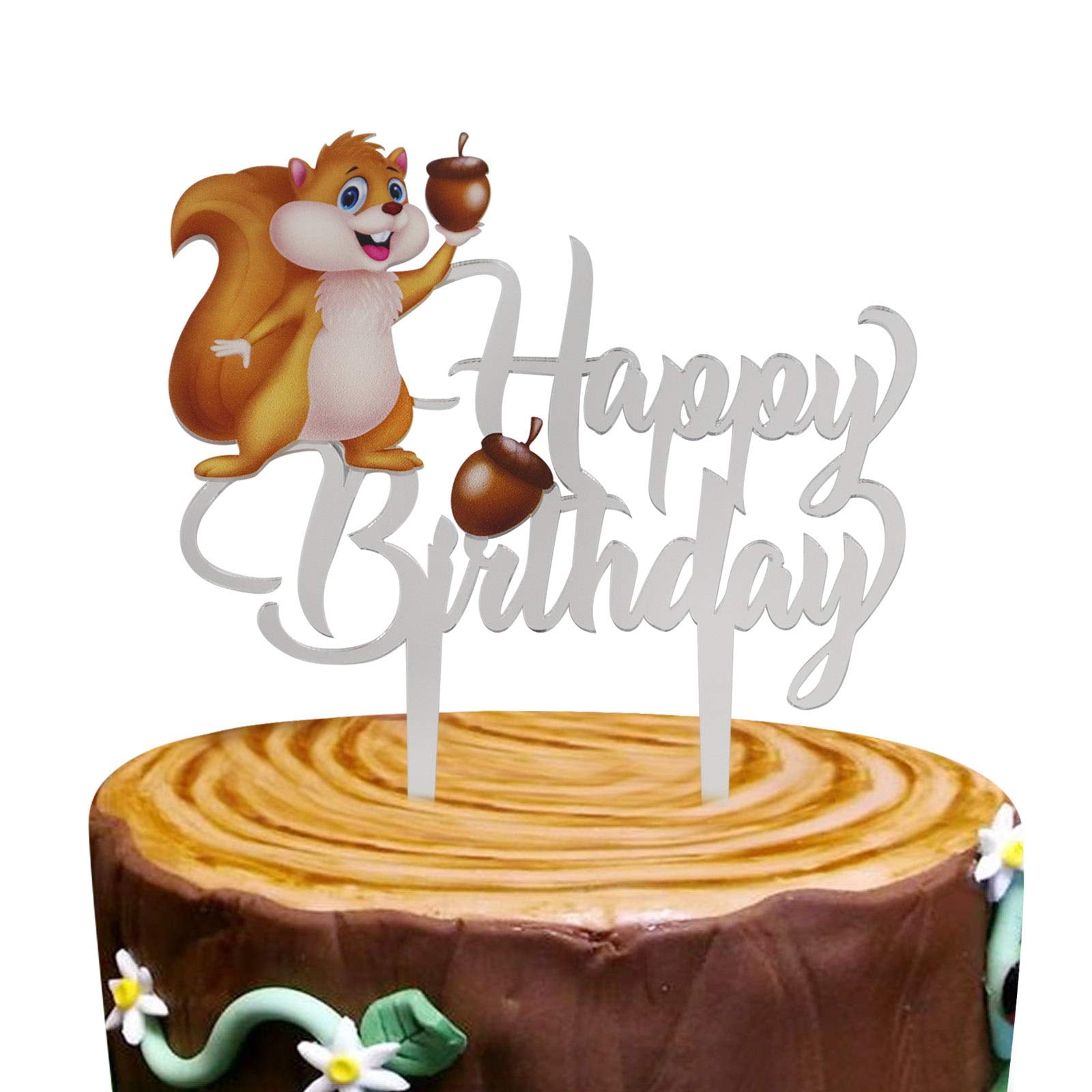 Sliver Acrylic Squirrel Happy Birthday Cake BSL1 Topper, Squirrel Birthday Cake Decor, Woodland ...