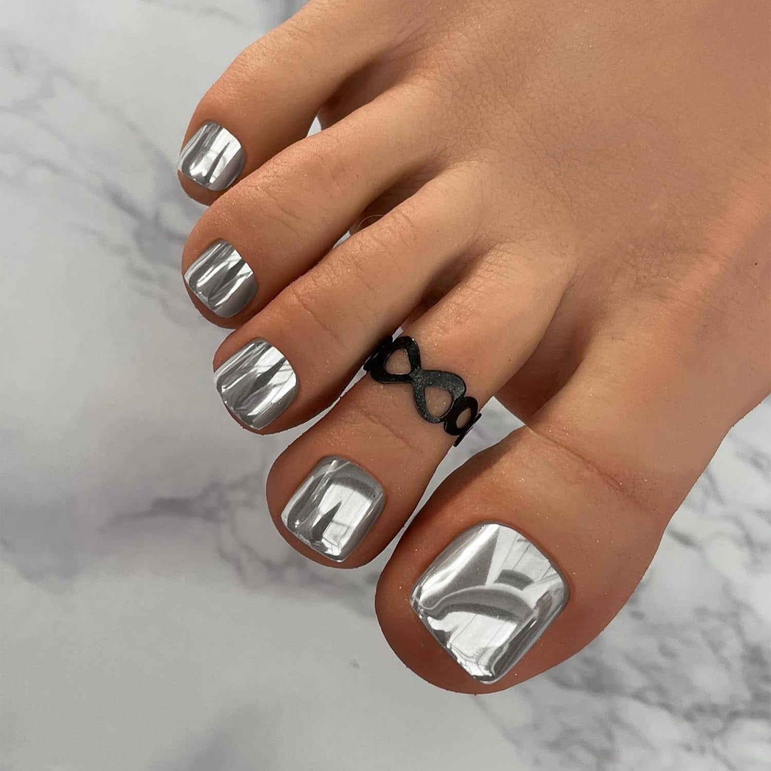Sliver Chrome Press on Toenails Short, Glossy Fake Toe Nails Press on ...