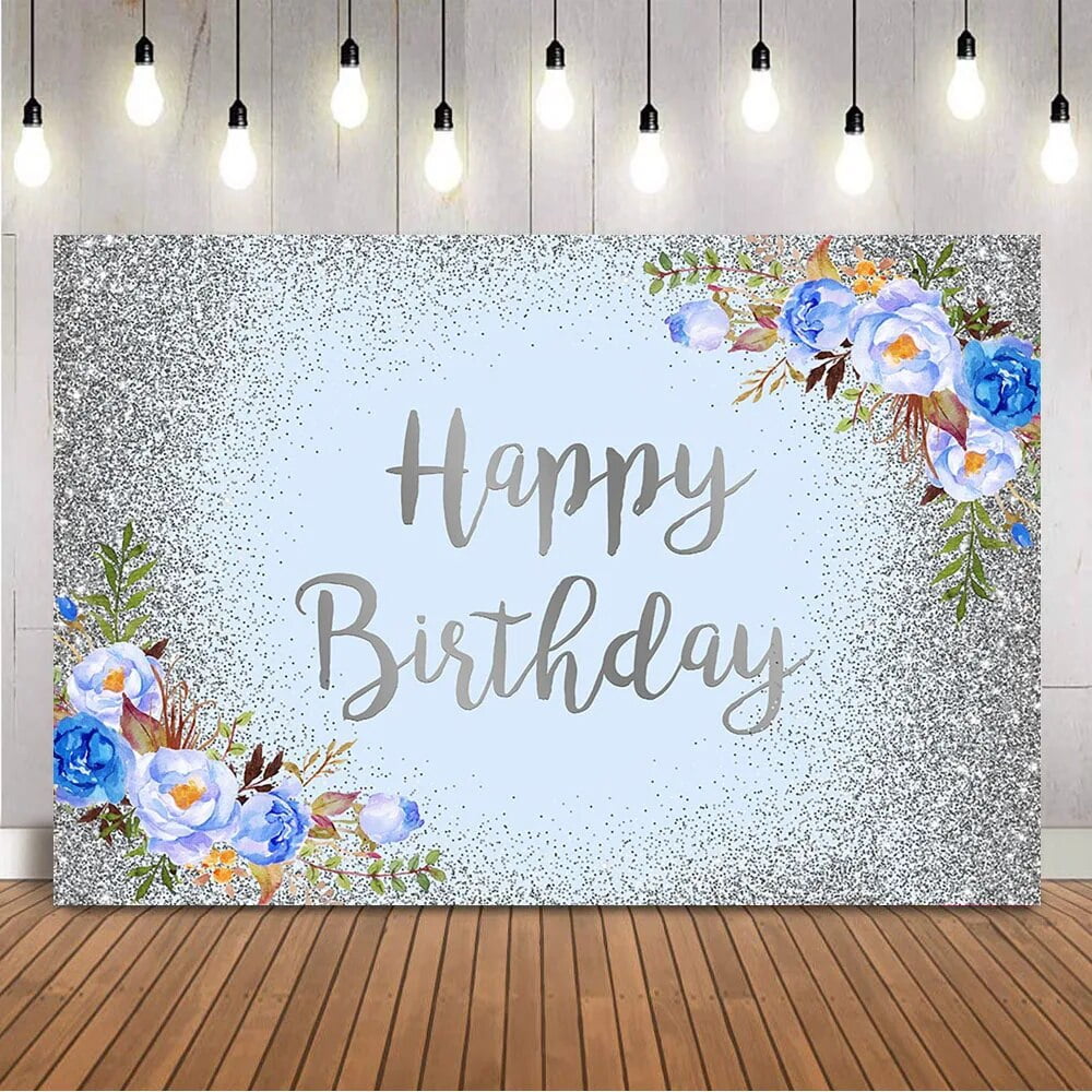 Sliver Glitter Birthday Backdrop Blue Flowers Happy Birthday Photo ...