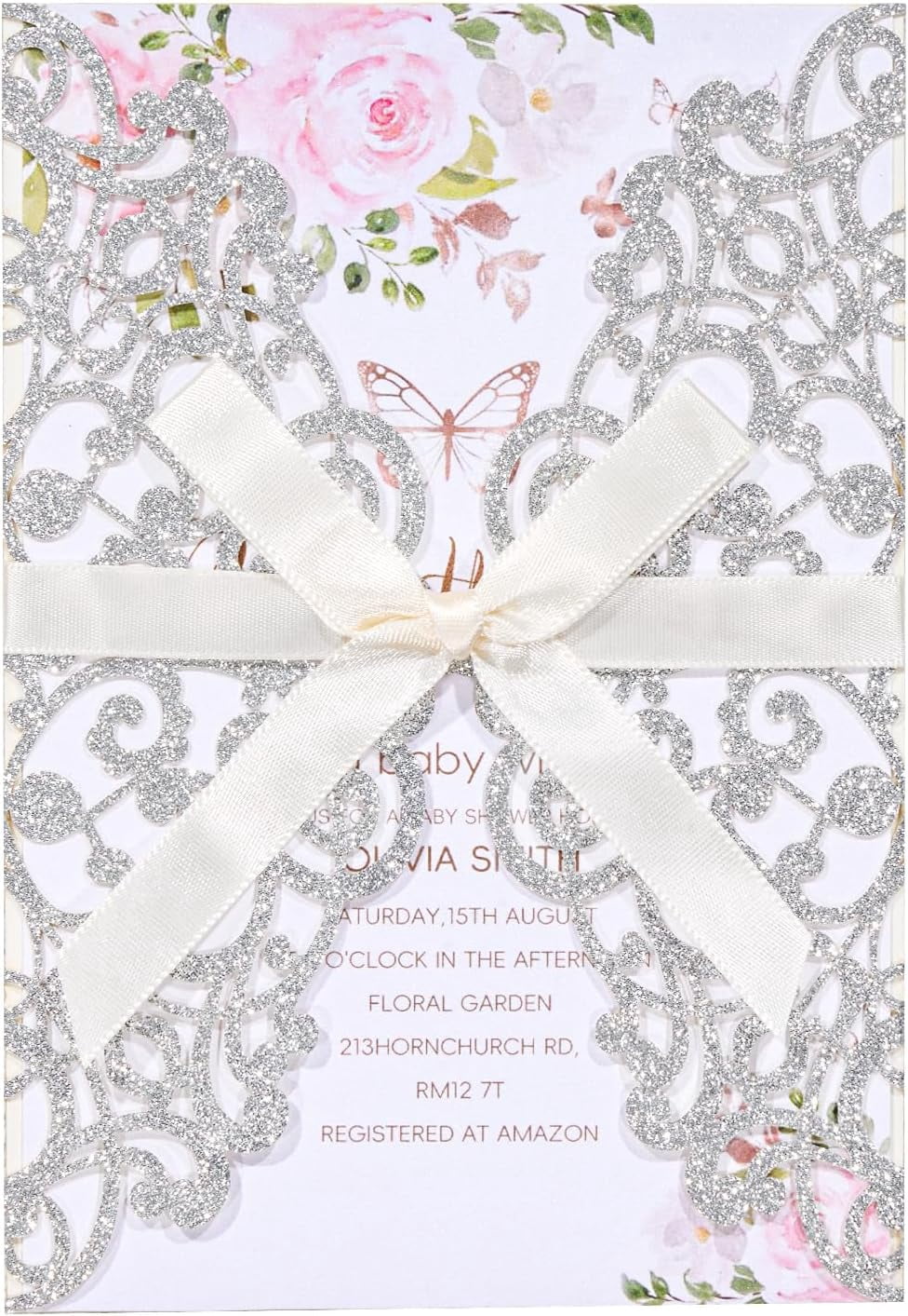 Sliver Glitter Wedding Invitations with Envelopes and Cards Ribbons ...