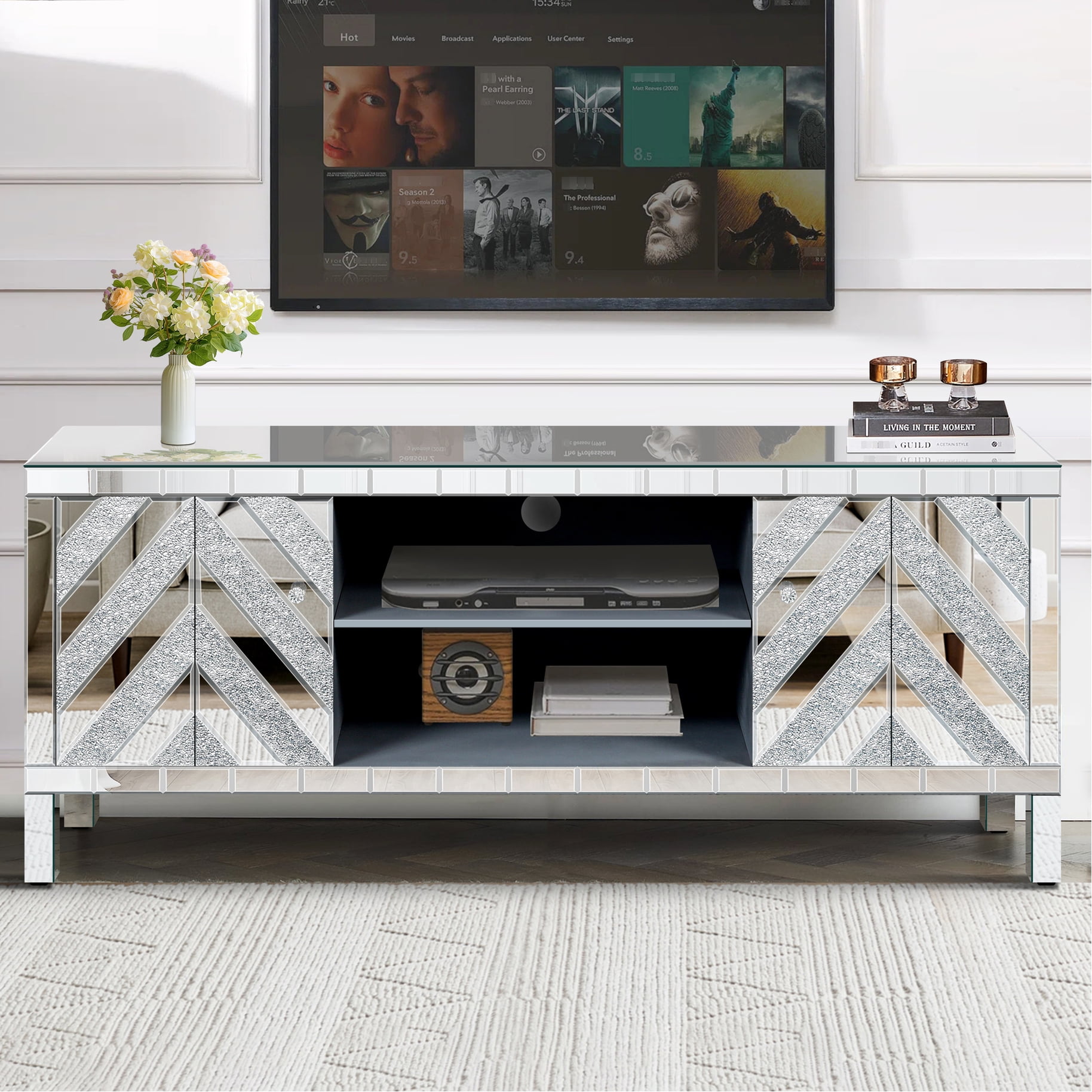 Sliver Mirrored Tv Table Stand, 65-inch+ Fit With 2 Cabinets & Open ...