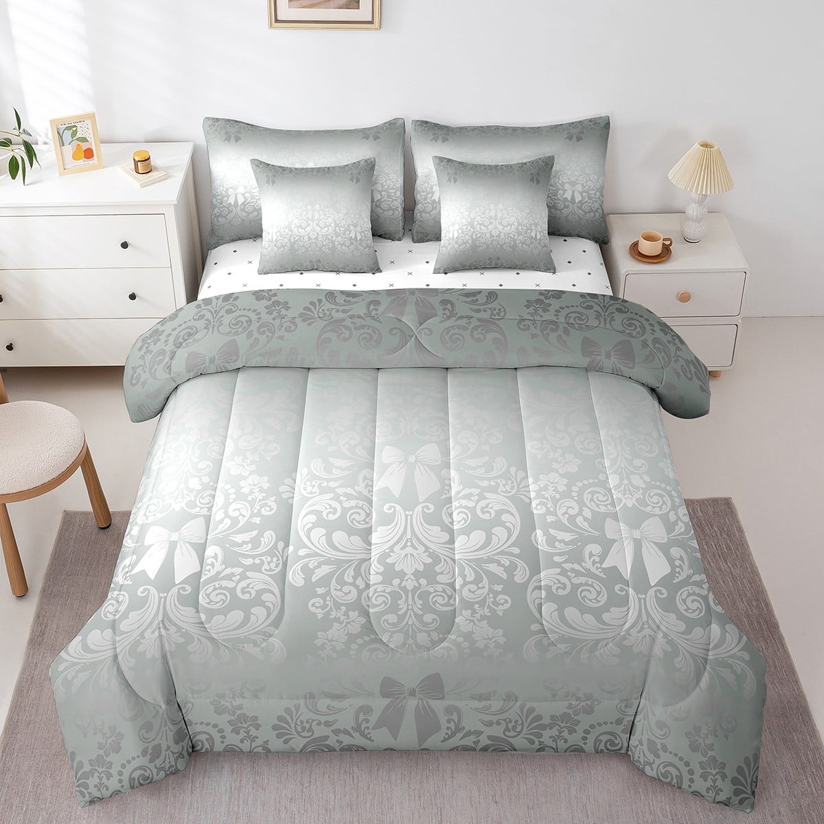 Sliver White Bow Knot Bed in a Bag King Size Comforter Set 7 Pieces ...