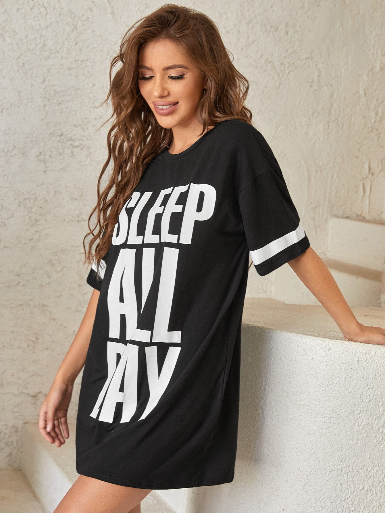 Slogan Graphic Contrast Panel Sleep Dress Pajama Dress - Walmart.com