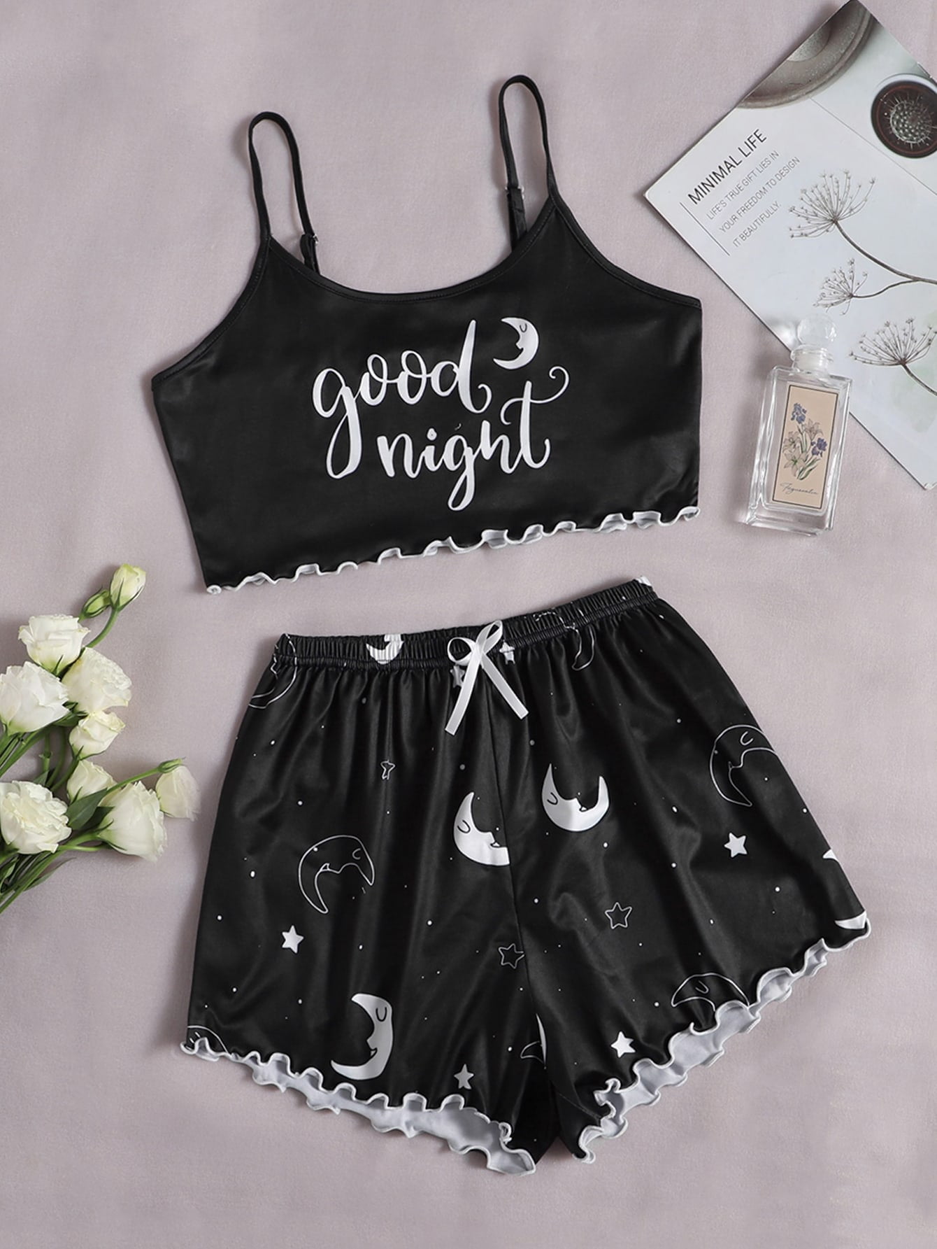 Slogan & Moon Print Lettuce Trim Cami Top & Shorts Pajama Set - Walmart.com