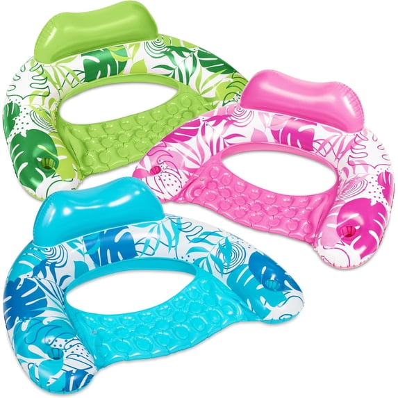 Sloosh Inflatable Pool Floats Adult, 3 Pack Pool Chairs with Cup ...
