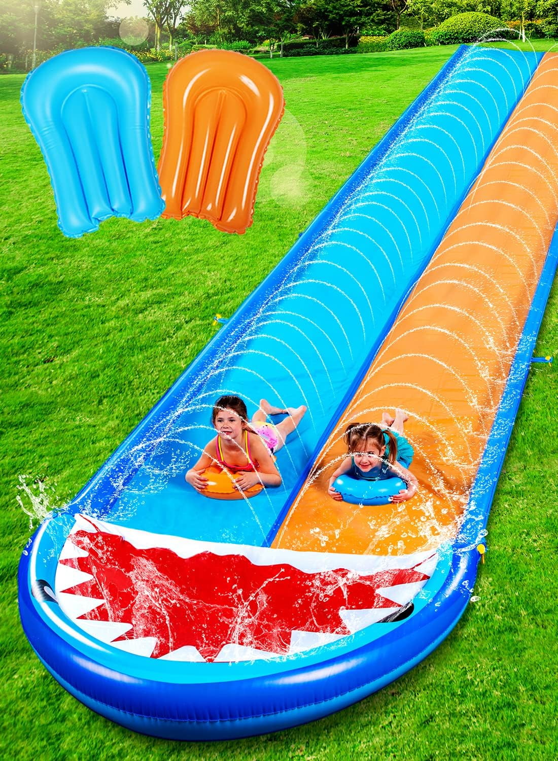Sloosh Shark Double Water Slide, 22.5ft Heavy Duty Lawn Water Slip and ...