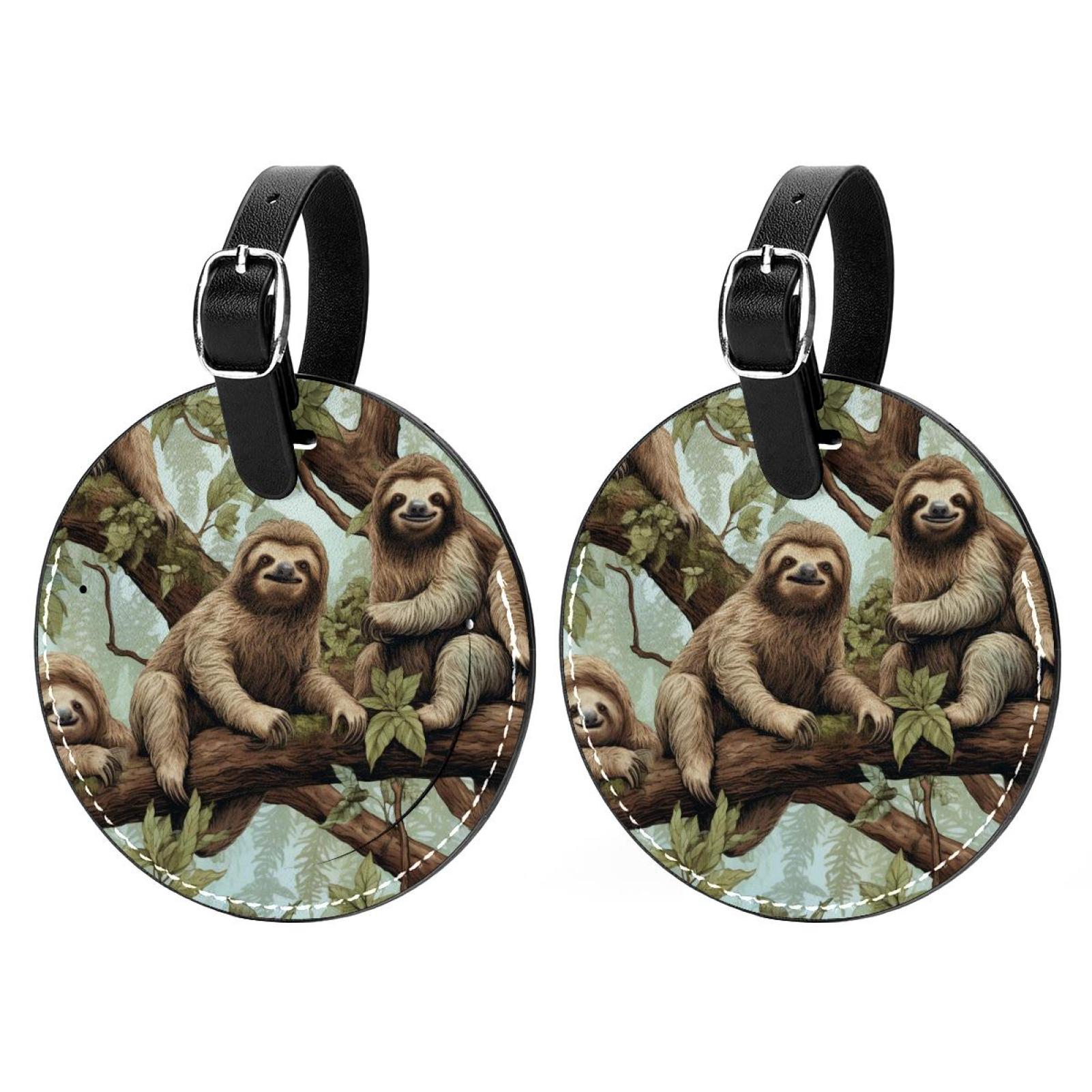 Sloth 2Pcs PU Leather Round Luggage Tags with Privacy Cover and Name ID ...