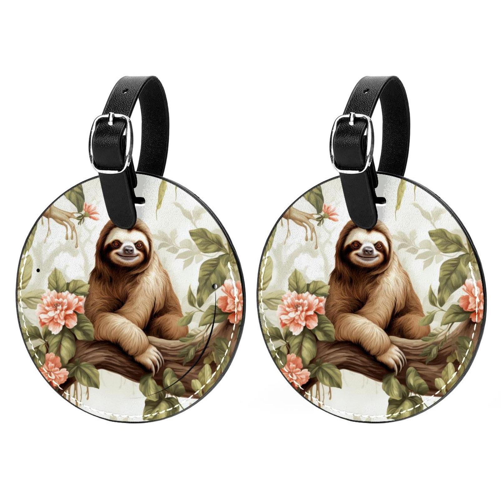 Sloth 2Pcs PU Leather Round Luggage Tags with Privacy Cover and Name ID ...