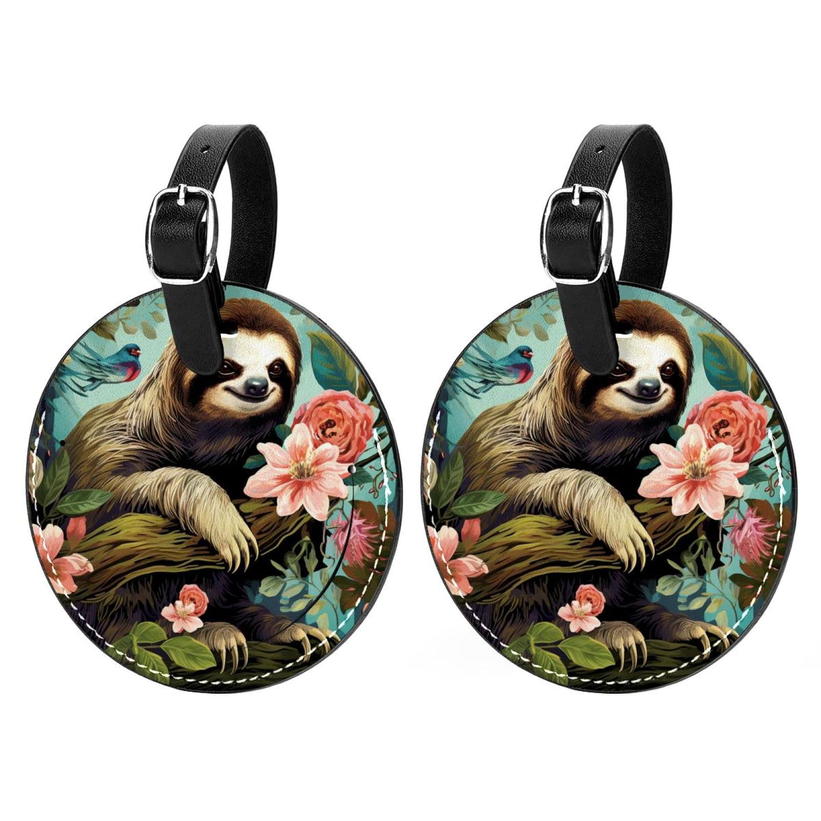 Sloth 2Pcs PU Leather Round Luggage Tags with Privacy Cover and Name ID ...