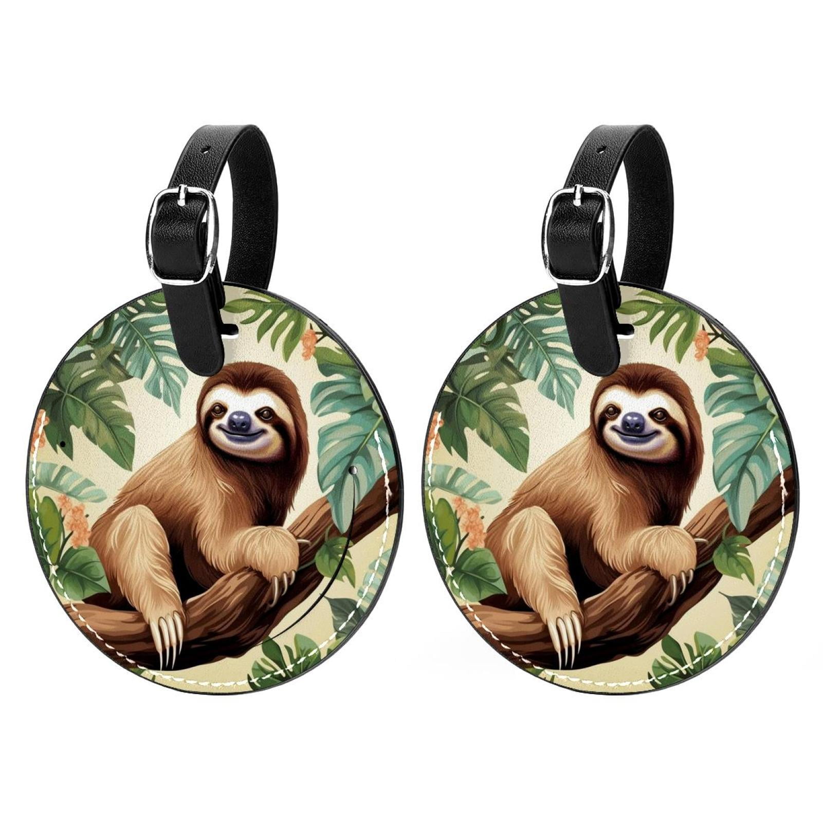 Sloth 2Pcs PU Leather Round Luggage Tags with Privacy Cover and Name ID ...