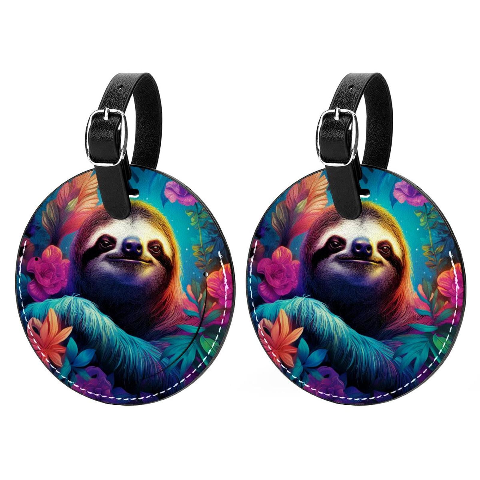 Sloth 2Pcs PU Leather Round Luggage Tags with Privacy Cover and Name ID ...