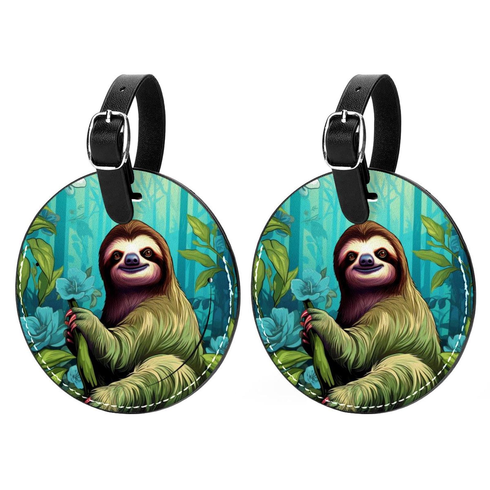 Sloth 2Pcs PU Leather Round Luggage Tags with Privacy Cover and Name ID ...