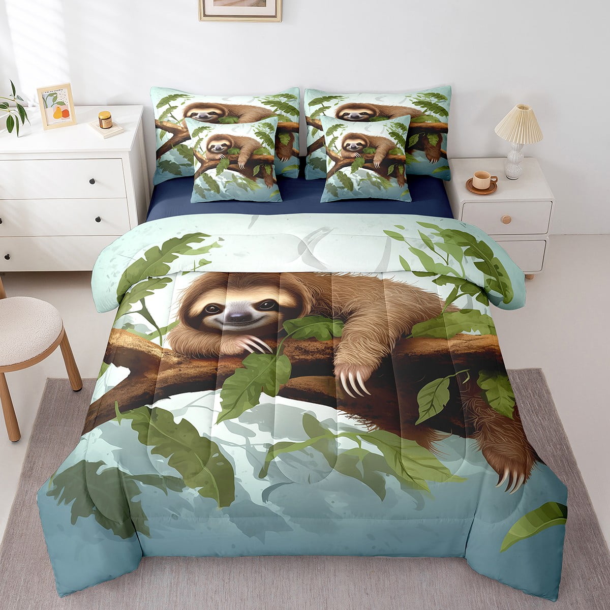 Sloth 7 Pcs Comforter Set King Size,Tree Bedding,Cartoon Animal ...