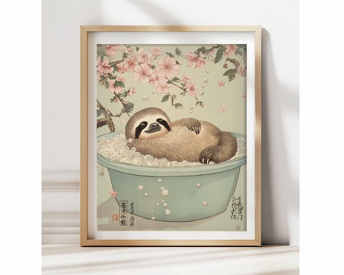 Sloth In Bathtub Japanese Poster Zen Wall Art Kawaii Animal Print ...