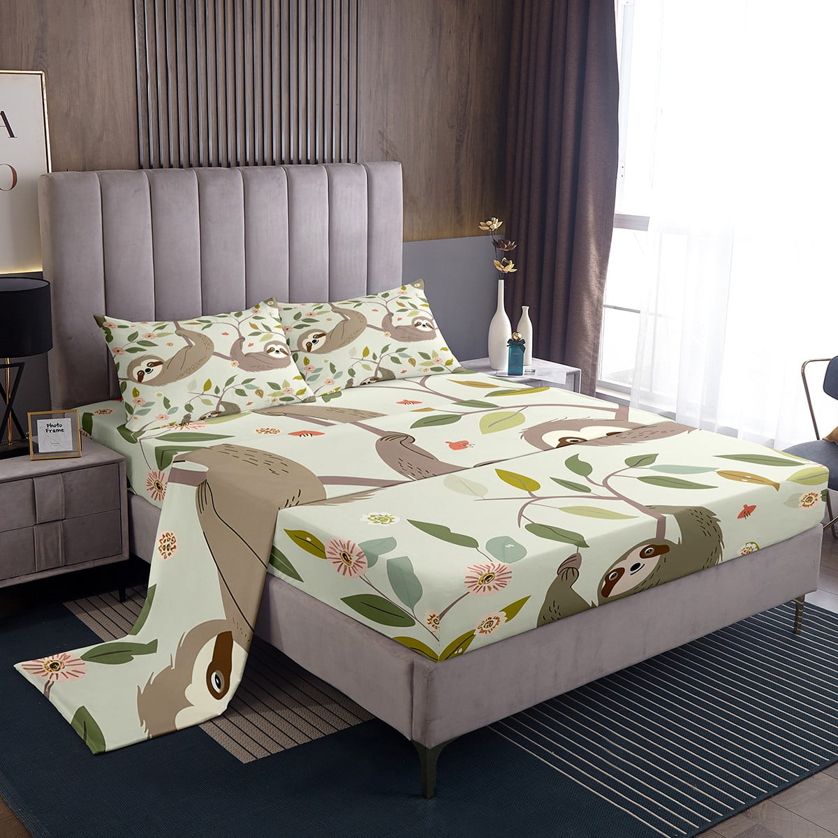 Sloth Bed Sheets Set Cute Animals Sheets,Plant Leaves Sheet Set Twin ...