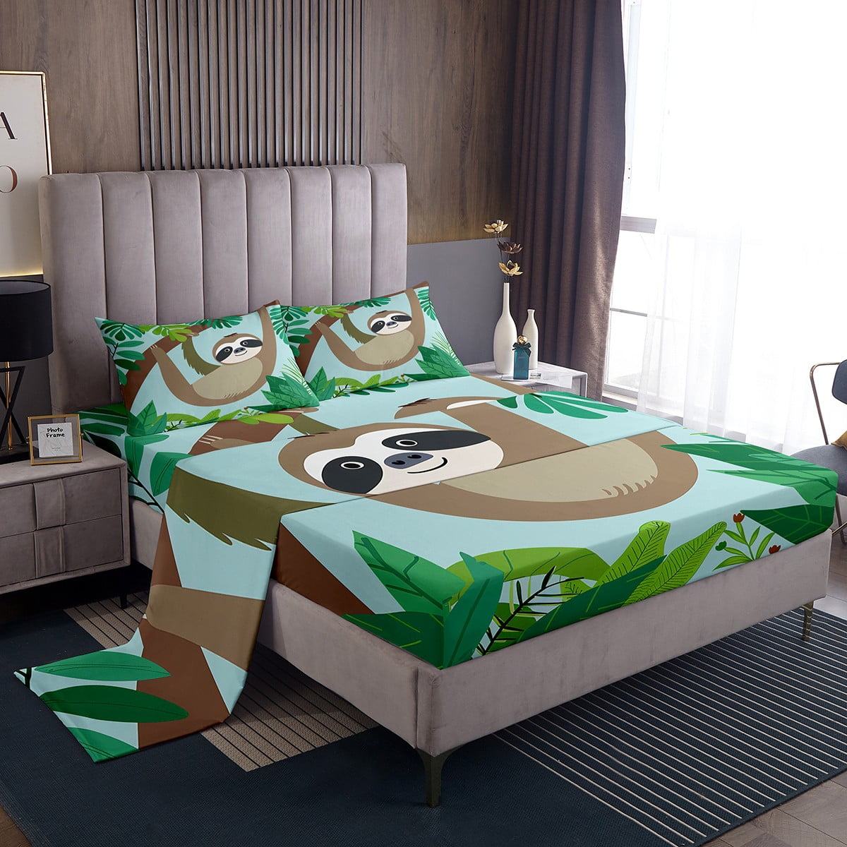 Sloth Bed Sheets Set Palm Leaves Sheet Set King,Cute Animals Sheets ...