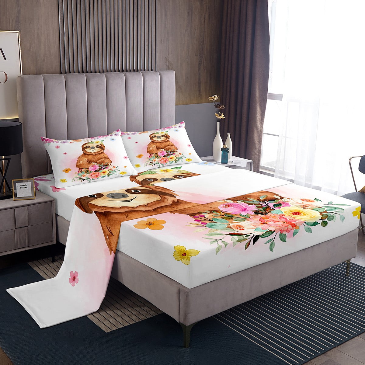 Sloth Bed Sheets Set Boho Floral King Sheet Set ,Cute Wild Animal Flat ...