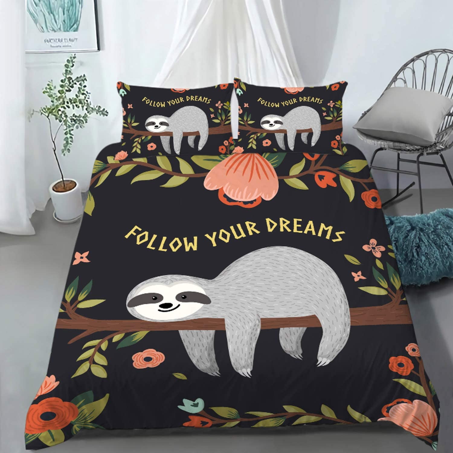 Sloth Bedding Set, Cute Sloth Duvet Cover for Teen Girls Boys,Superior ...