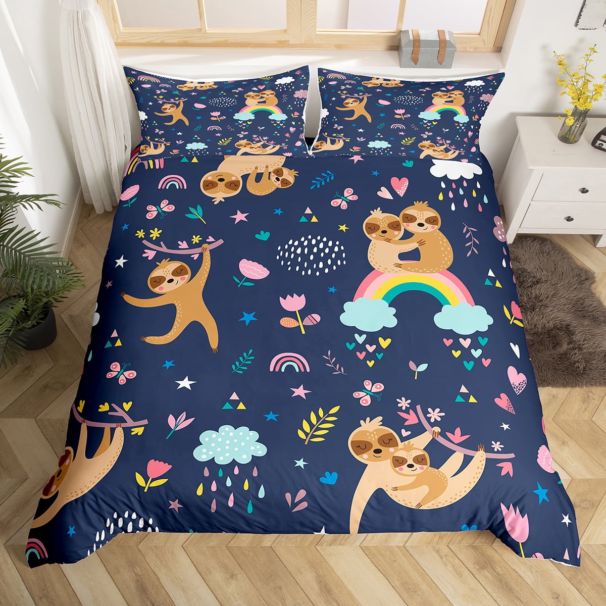 Sloth Bedding Set Rainbow Cloud Fun Comforter Cover, Rustic Flowers ...