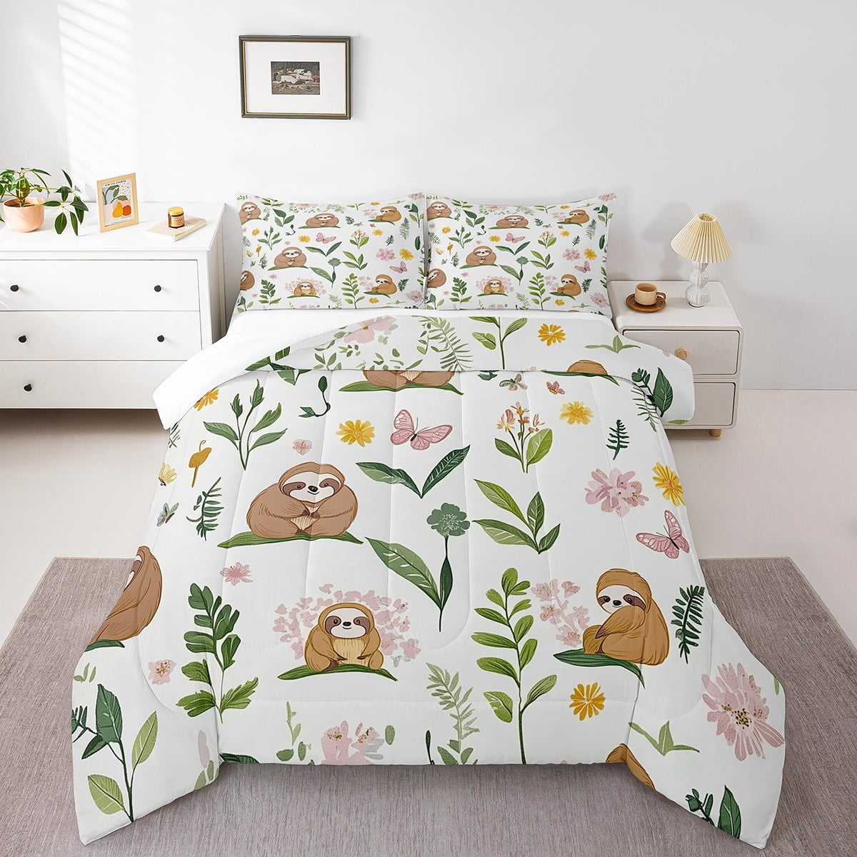 Sloth Bedding Sets Kawaii Animals Comforter Set Teens,Botancial Flowers ...