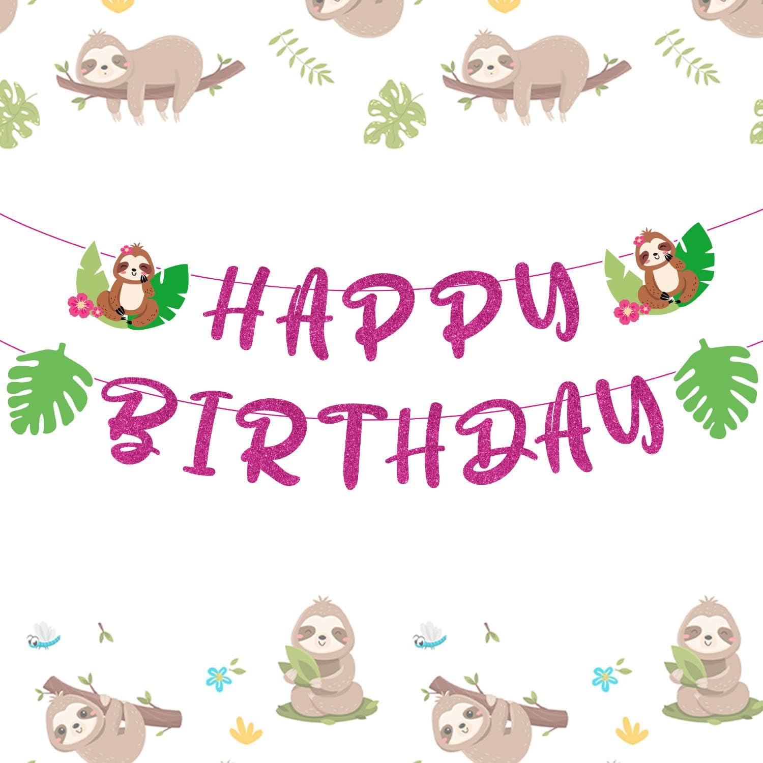 Sloth Birthday Banner for Girls Pink Sloth Theme Happy Birthday Banner ...