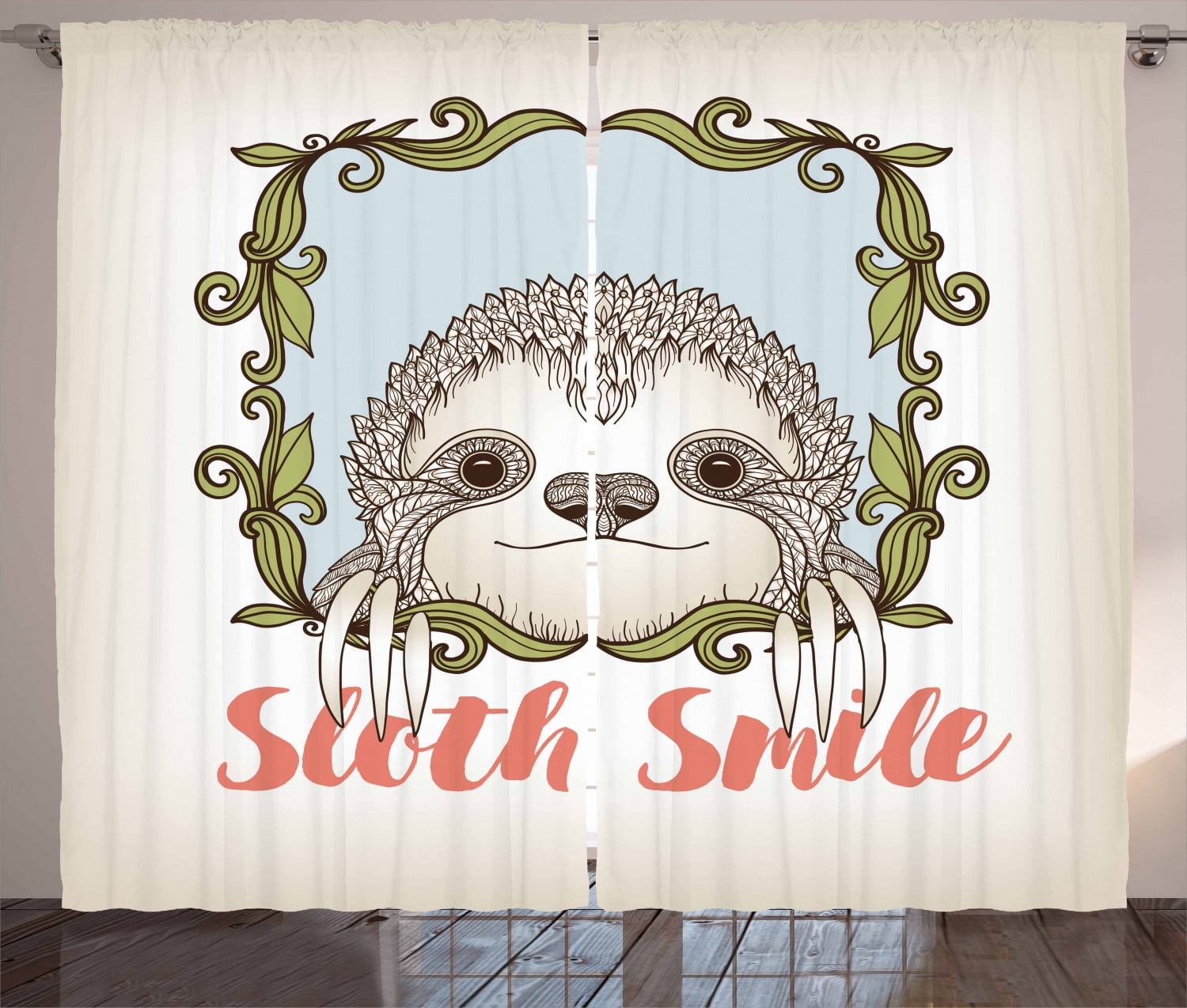 Ambesonne Sloth Curtains 2 Panel Set, Animal Floral Frame, 108" x 90 ...