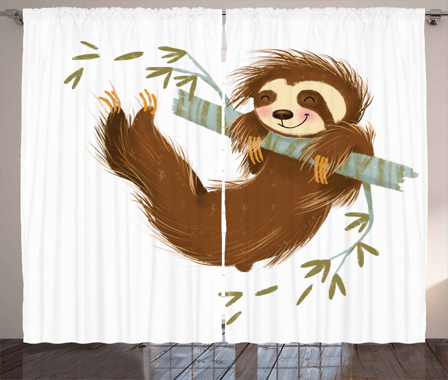 Ambesonne Sloth Curtains 2 Panel Set, Cheerful Animal on Tree, 108" x ...