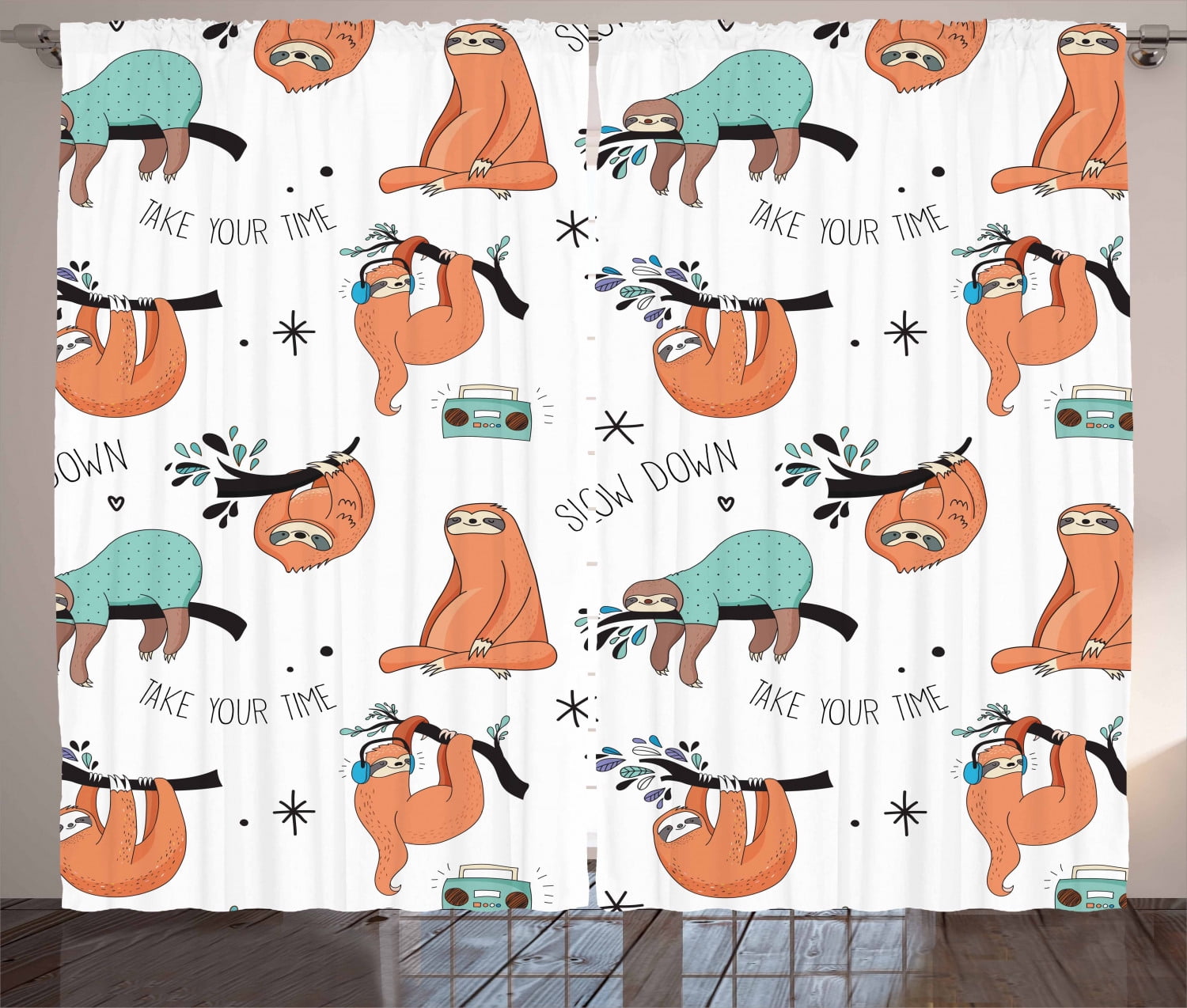 Ambesonne Sloth Curtains 2 Panel Set, Sloths on Branches, 108" x 96 ...
