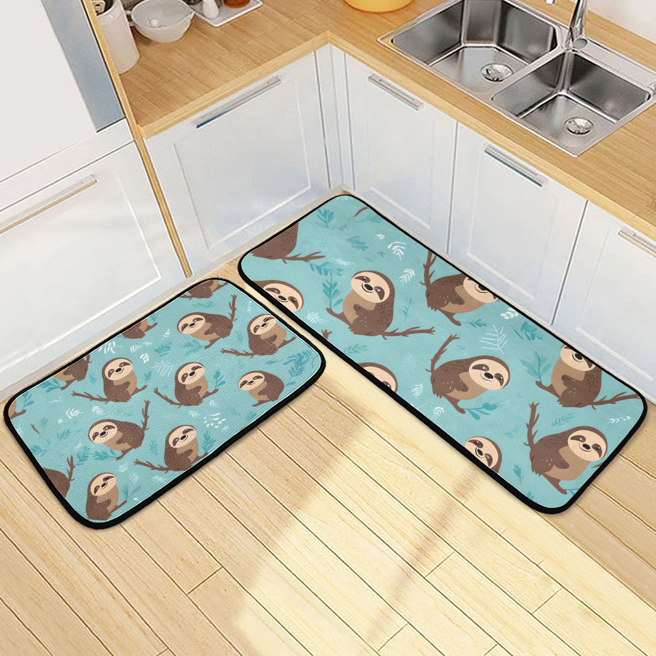Sloth Cute Kitchen Rugs Set of 2 Non Slip Floor Foam Mat Cushioned Soft ...