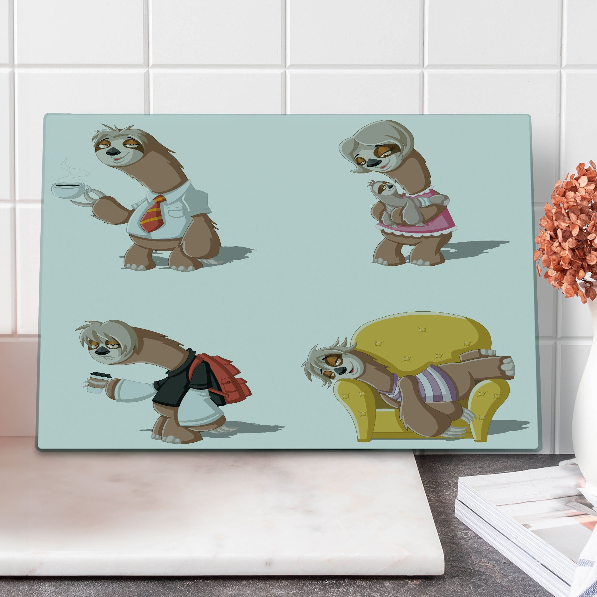 Sloth Cutting Board, Cartoon Lazy Sloths Family Father Mother Resting ...