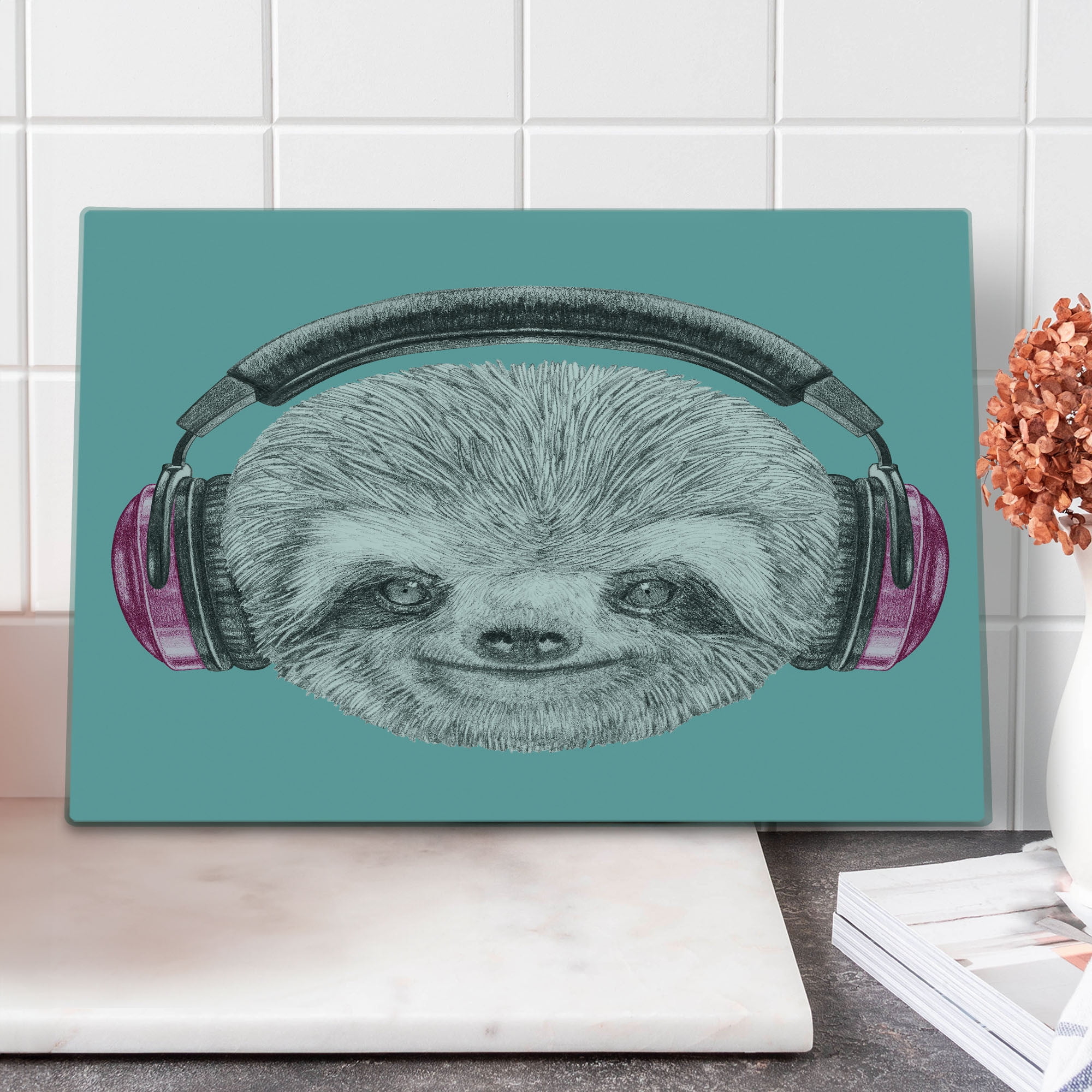Sloth Cutting Board, DJ Animal Portrait Headphones Funny Modern ...