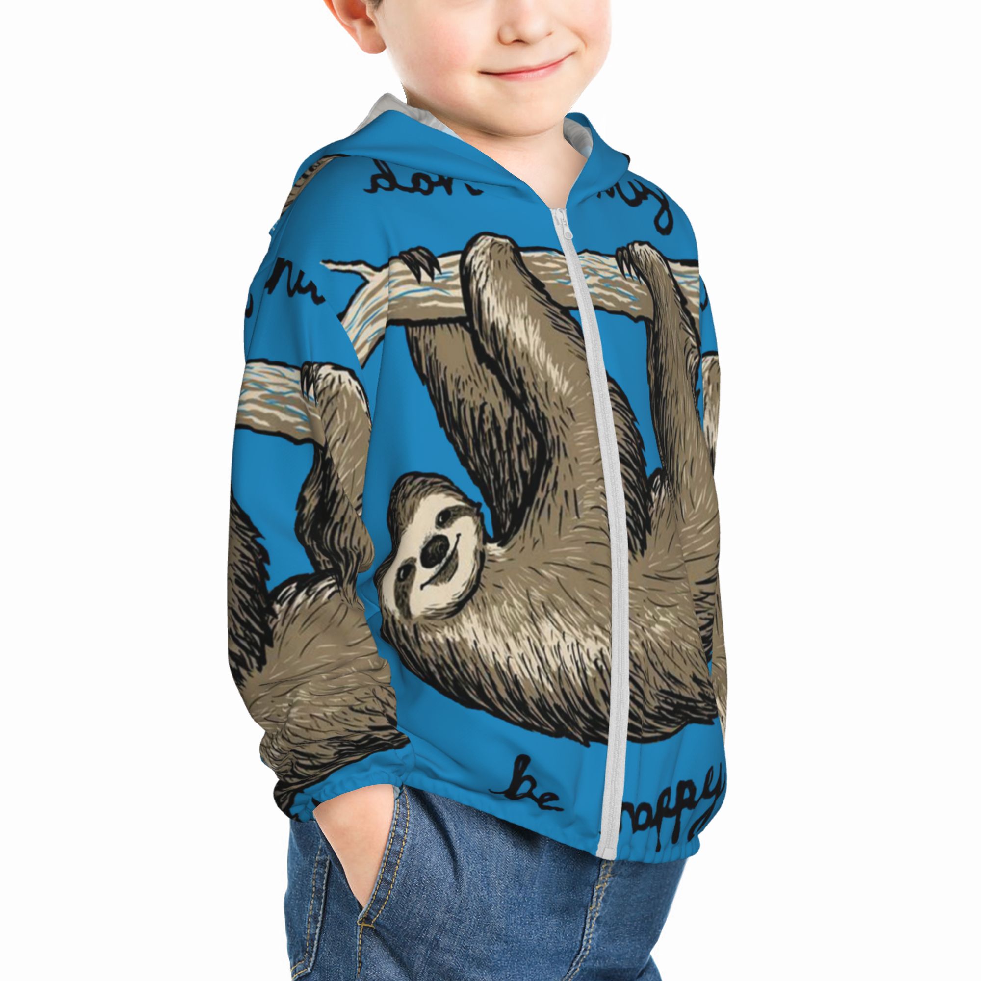 Sloth Don'T Hurry Be Happy Kids Zip-Up Hoodie Girls Boys Sun Protection Jacket Hooded Cooling ...