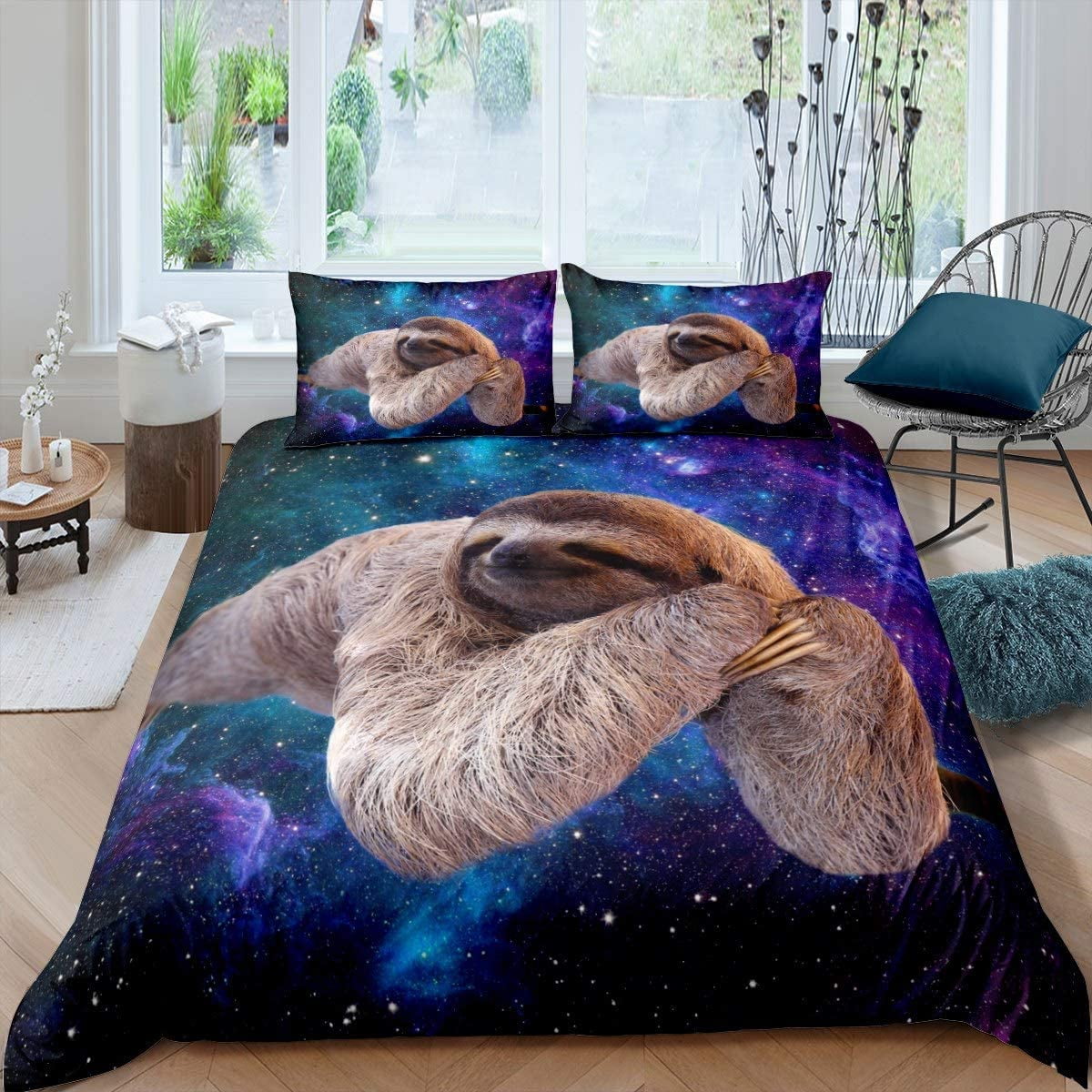 Sloth Duvet Cover 3D Funny Animal Galaxy Sloth Bedding Set Purple Blue ...