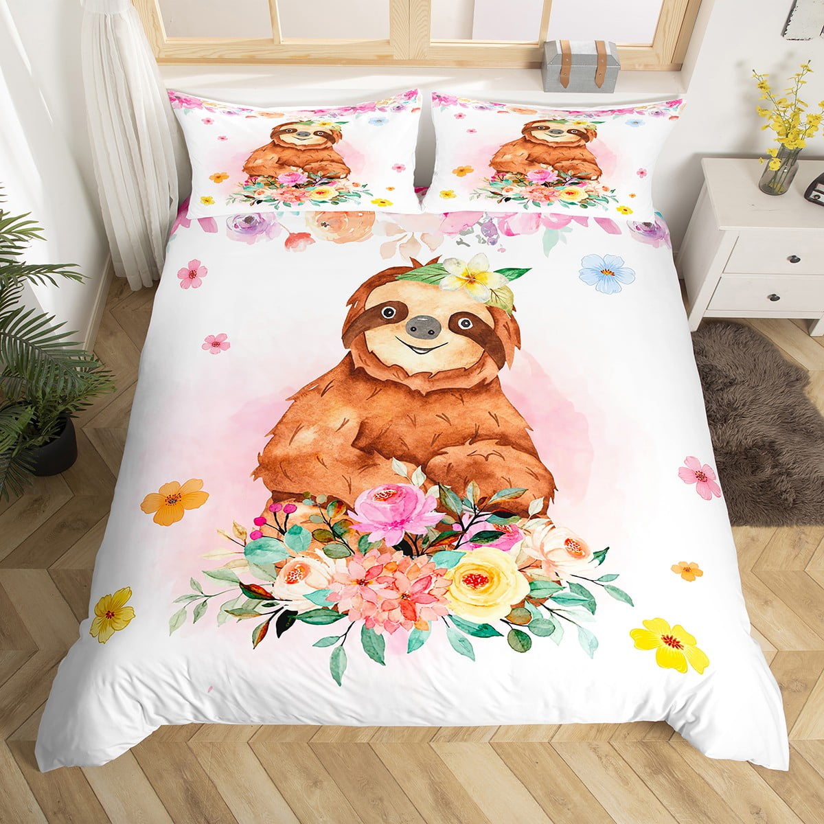 Sloth Duvet Cover Boho Floral Full Bedding Set for Girls Boys Kids ...