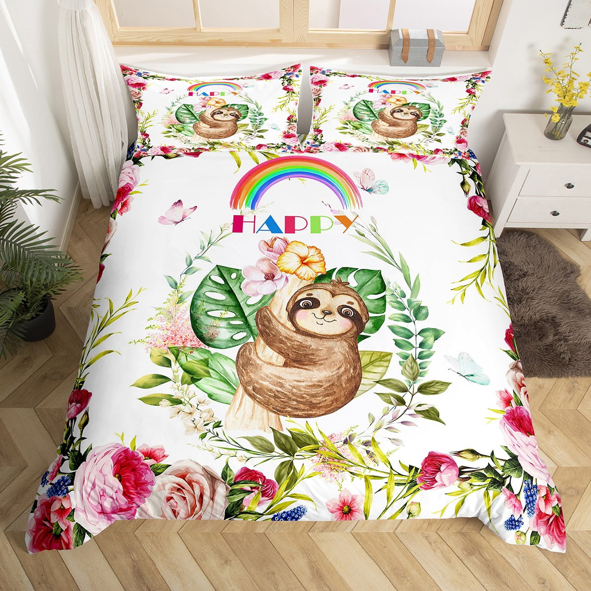 Sloth Duvet Cover Bedding Set Kawaii Decor,Cartoon Woodland Animals ...