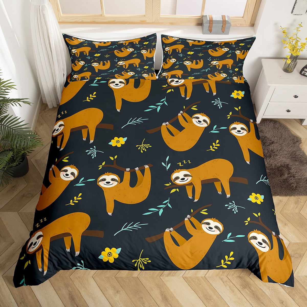 Sloth Duvet Cover Queen Kawaii Decor,Lovely Sloth Jungle Tropical ...