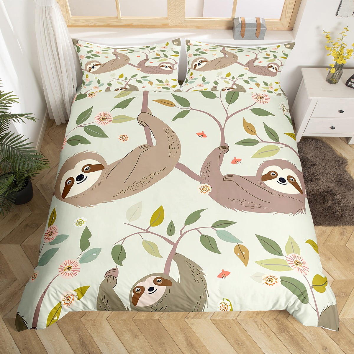 Sloth Duvet Cover Set Cute Animals Comforter Cover,Plant Leaves Queen ...