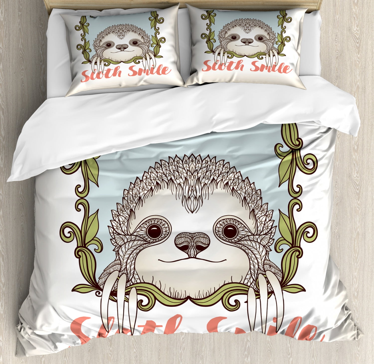 Sloth Duvet Cover Set King Size, Exotic Animal in Floral Frame Sloth ...