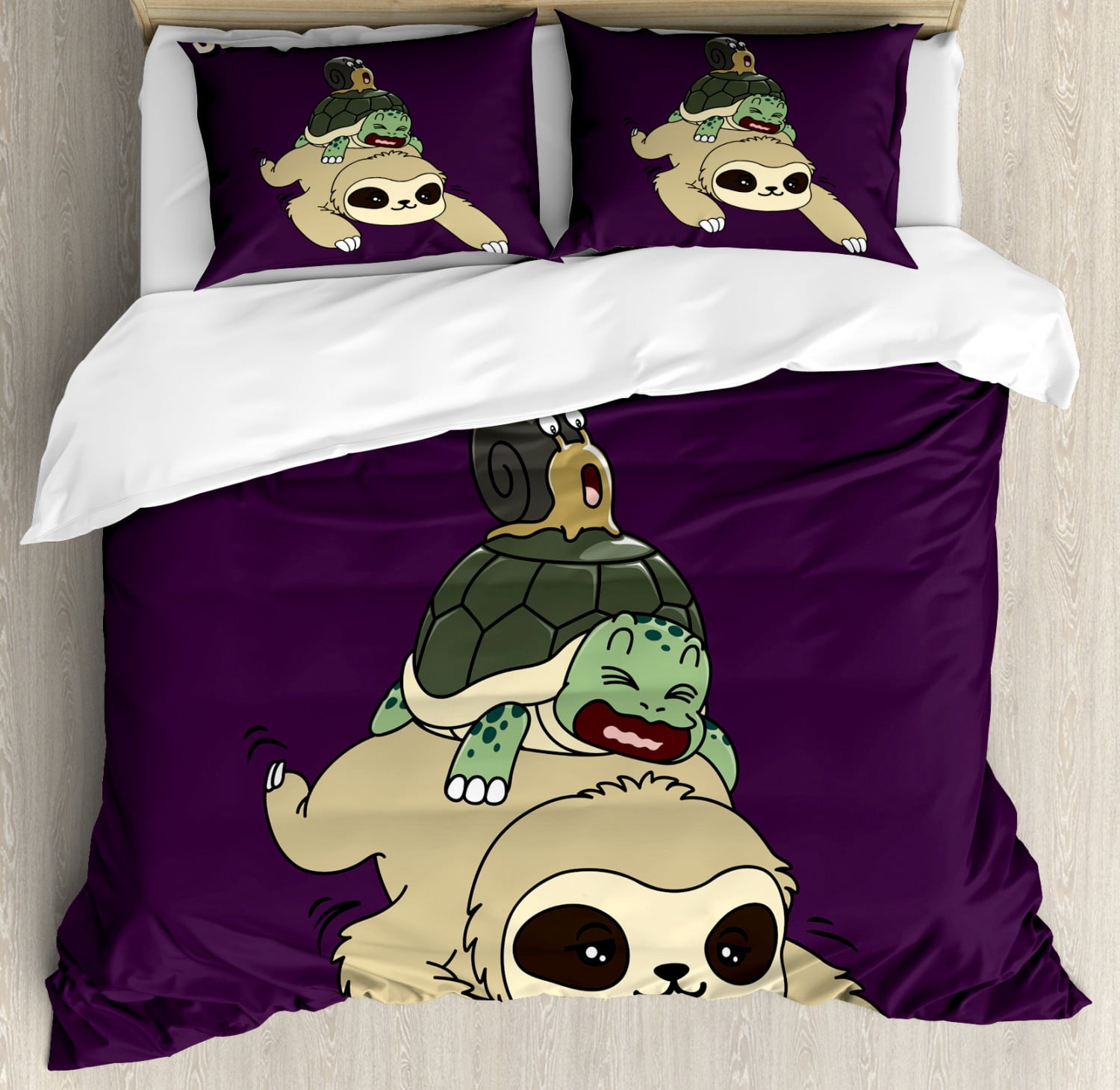 Sloth Duvet Cover Set King Size, Funny Cartoon Scenery with Sloth ...