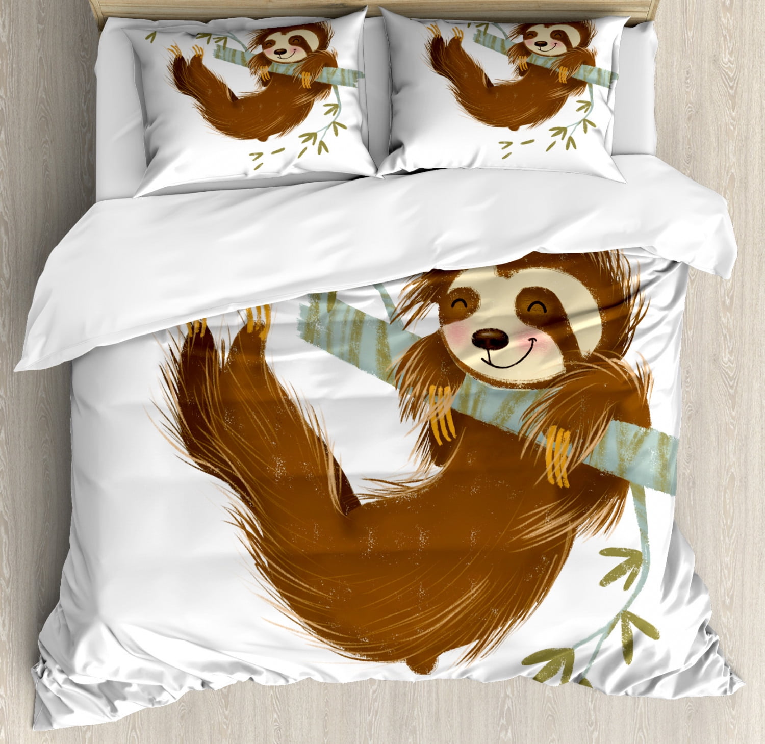 Sloth Duvet Cover Set King Size, Happy Cheerful Animal Swinging on Tree ...