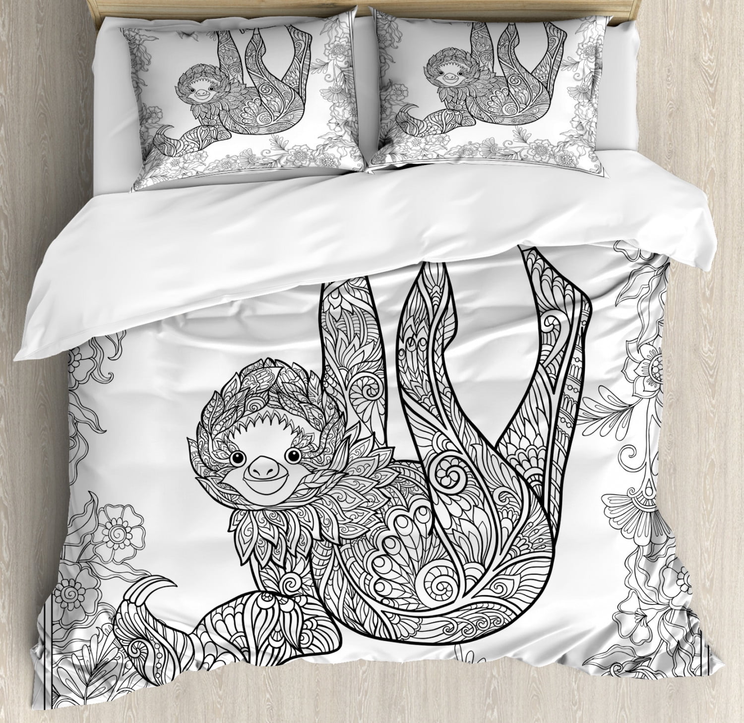 Sloth Duvet Cover Set King Size, Outline Drawing of Sloth in Jungle Zoo ...