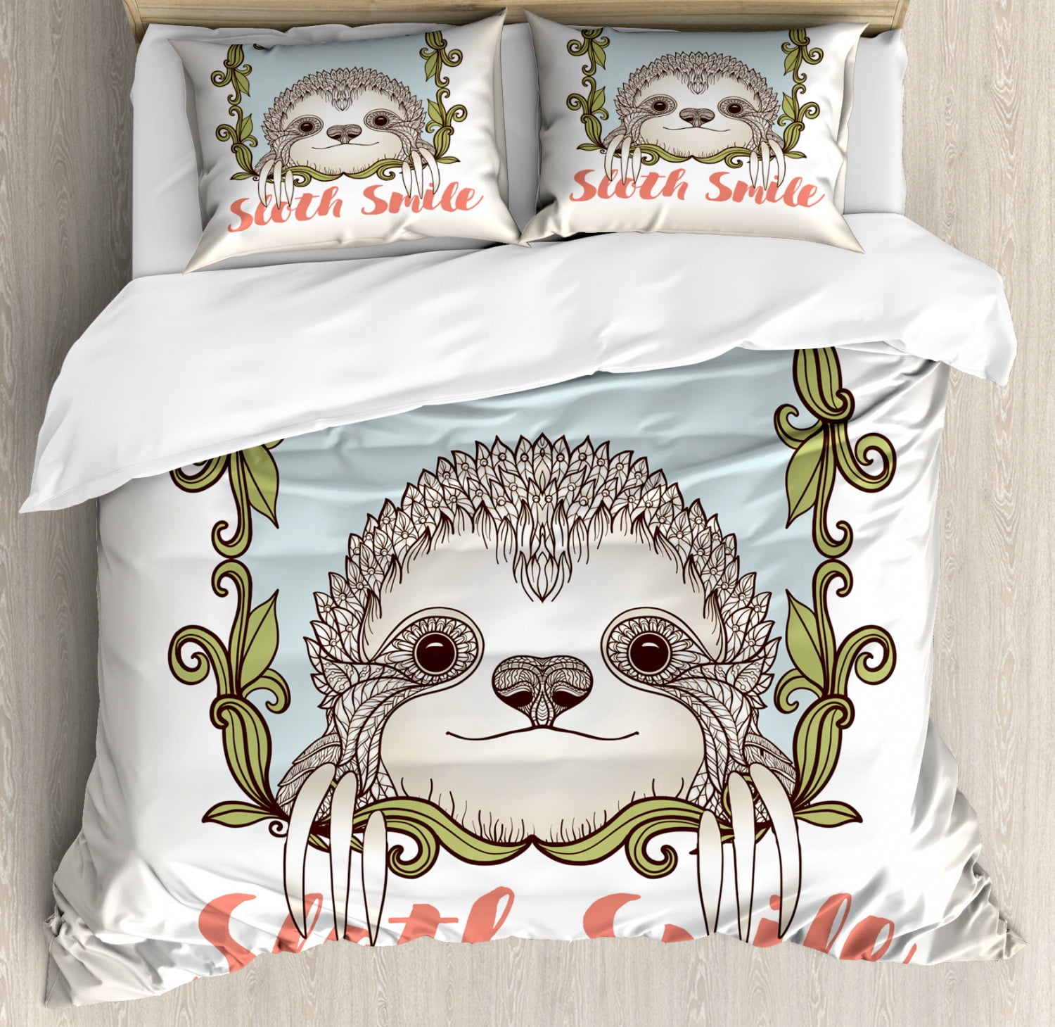 Sloth Duvet Cover Set Queen Size, Exotic Animal in Floral Frame Sloth ...