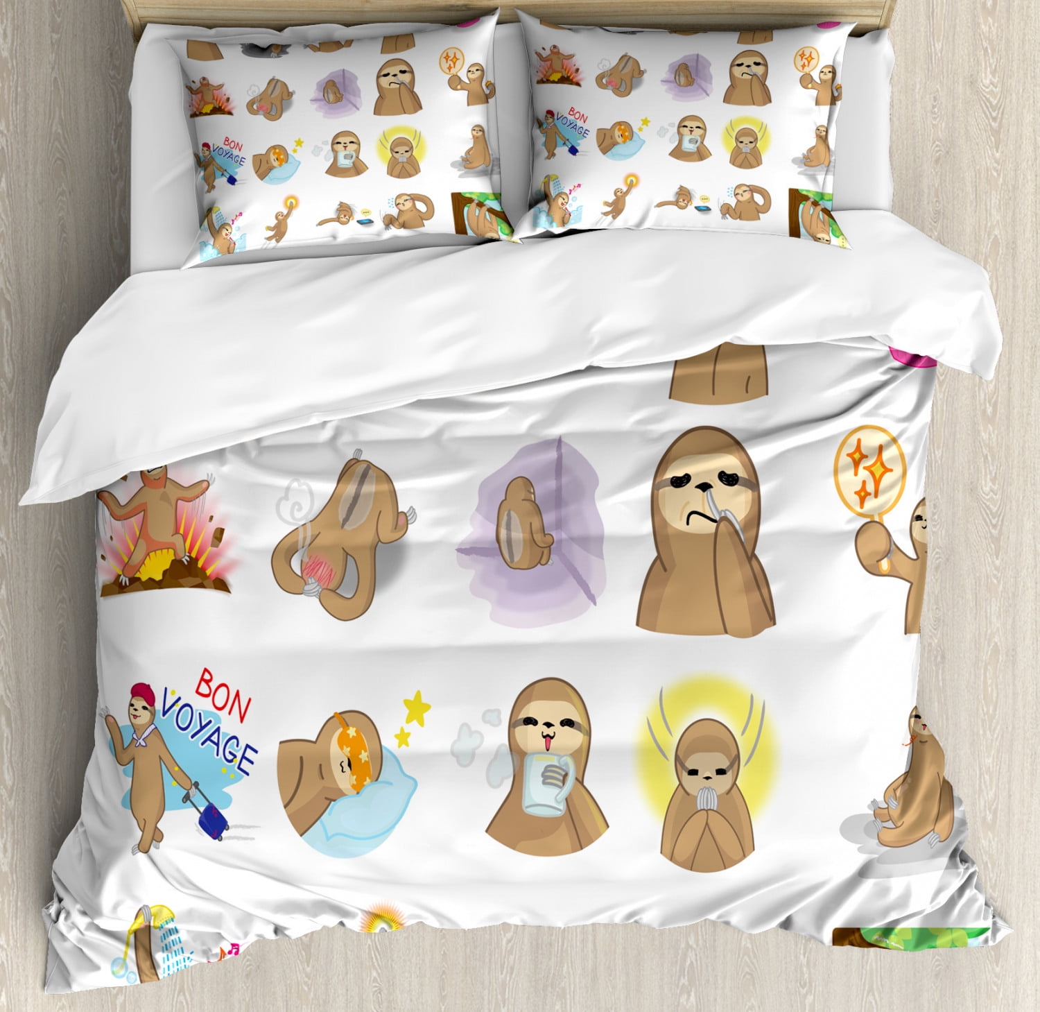 Sloth Duvet Cover Set Queen Size, Manga Style Sloth Characters with ...