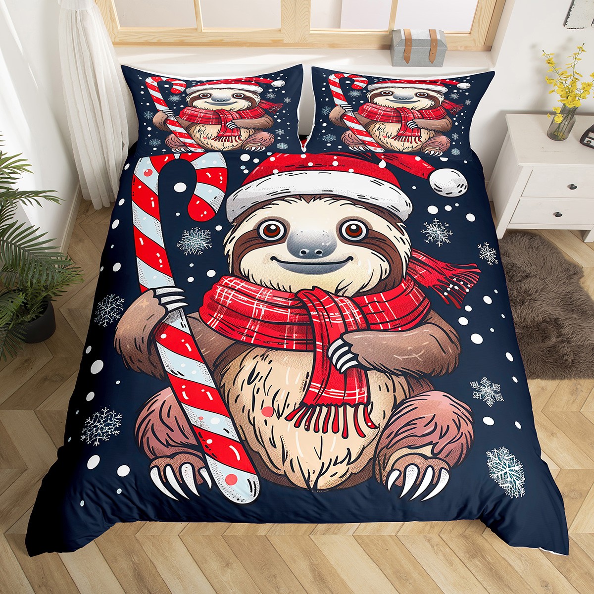 Sloth Duvet Cover Set Santa Hat Cute Wildlife Comforter Cover,Christmas ...