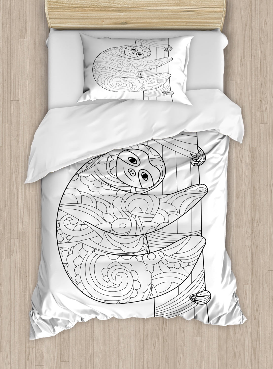 Sloth Duvet Cover Set Twin Size, Sloth Animal Outline Figure on Branch ...