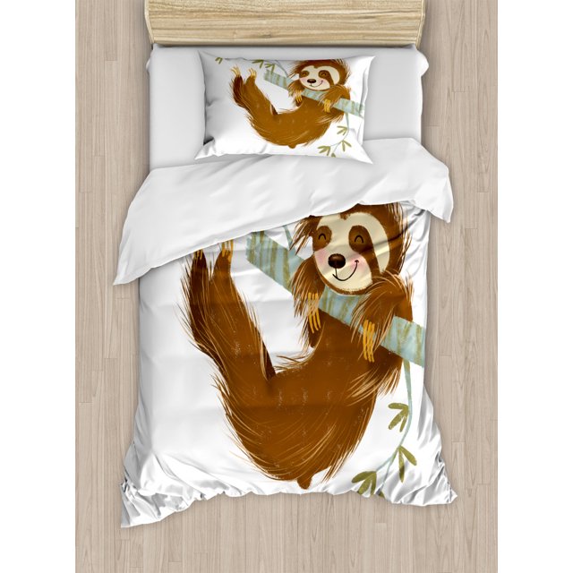 Sloth Duvet Cover Set Twin Size, Happy Cheerful Animal Swinging on Tree ...