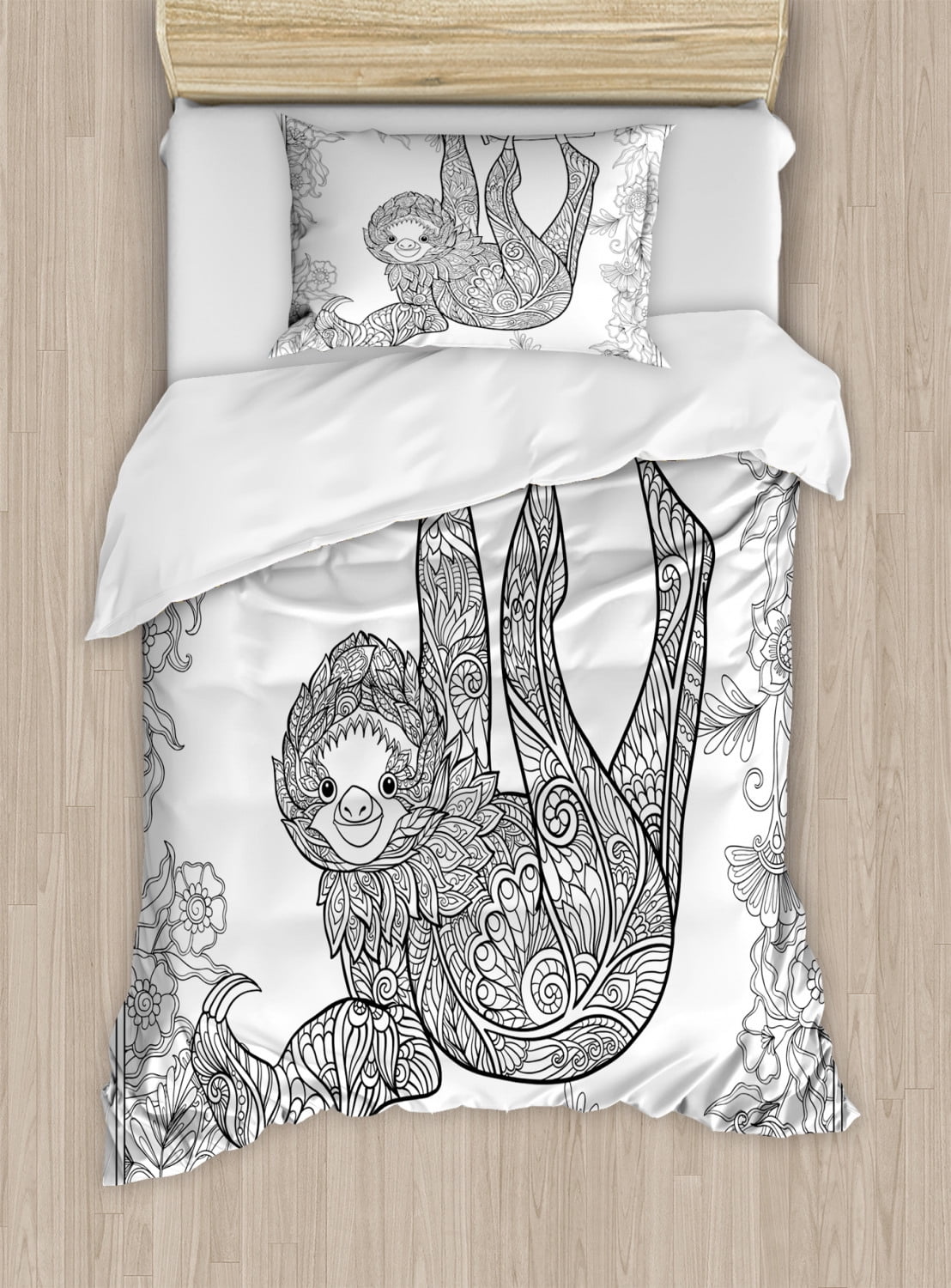 Sloth Duvet Cover Set Twin Size, Outline Drawing of Sloth in Jungle Zoo ...